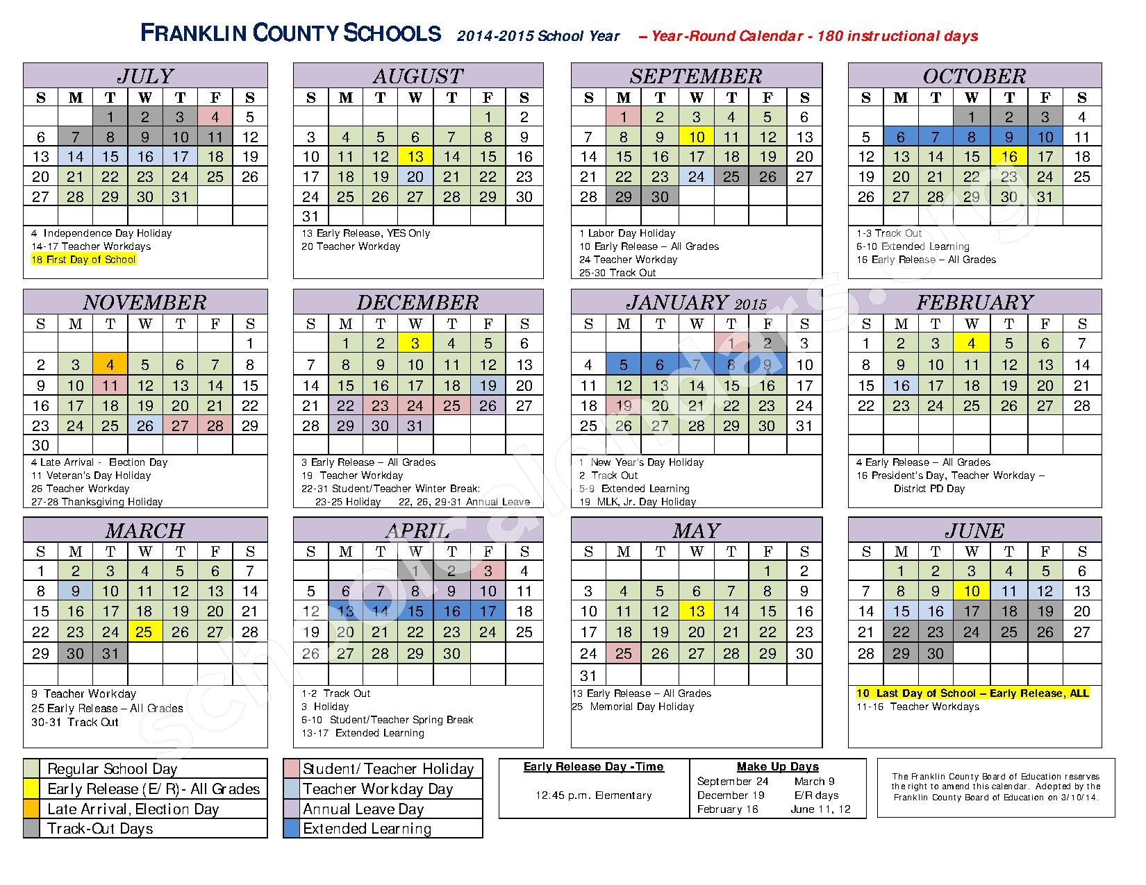 Elementary School Calendar 2014 2015